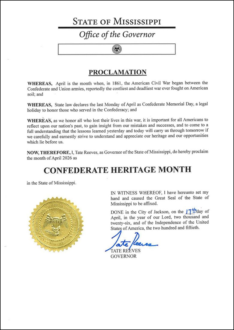 Gov. Reeves Proclaims Confederate Heritage Month in Mississippi